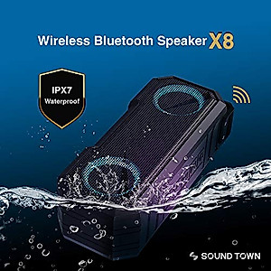 Sound Town 2-Pack of X8 Portable TWS Bluetooth Speakers, IPX7 Waterproof, Stereo Sound, LED Light, Built-in Mic for Phone Calls and Battery Power Bank, for Home and Outdoor, Black (X8-BK-Pair)