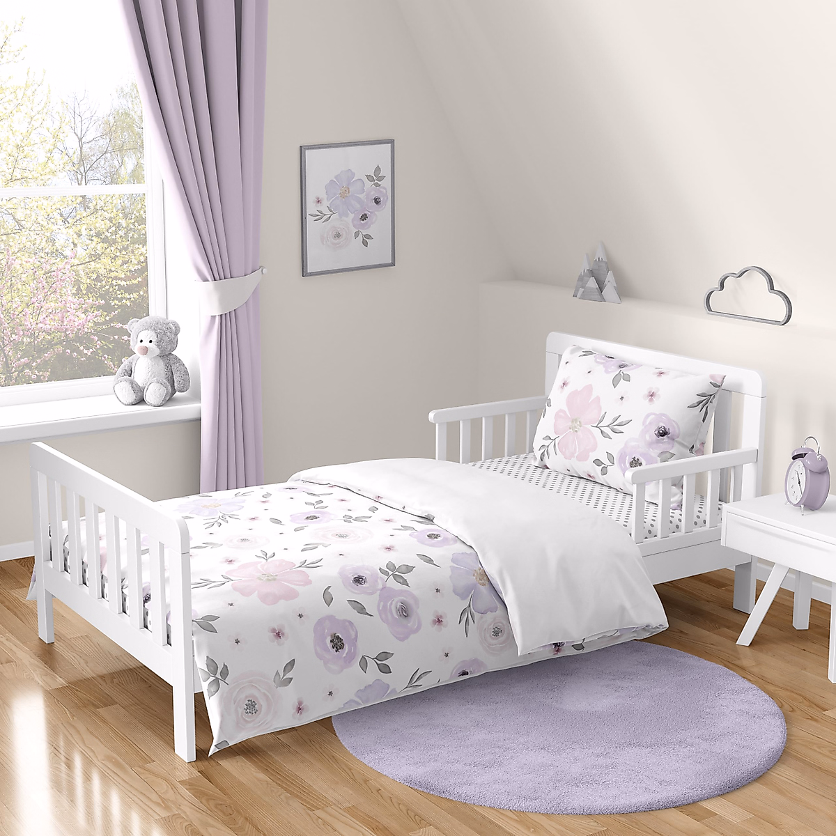 Sweet Jojo Designs Lavender Purple, Pink, Grey and White Shabby Chic Watercolor Floral Girl Toddler Kid Childrens Bedding Set - 5 Pieces Comforter, Sham and Sheets - Rose Flower Polka Dot