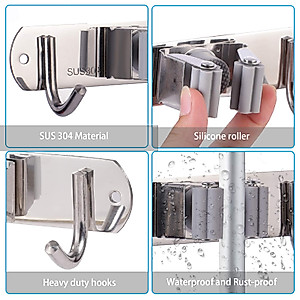 Tidysun Mop and Broom Holder Wall Mounted,Heavy Duty Stainless Mop Holder Wall Mount with 1 Gripper and 2 Hooks,Mop Broom Holder for Kitchen Bathroom Garden Garage 1 Pack(Grey)