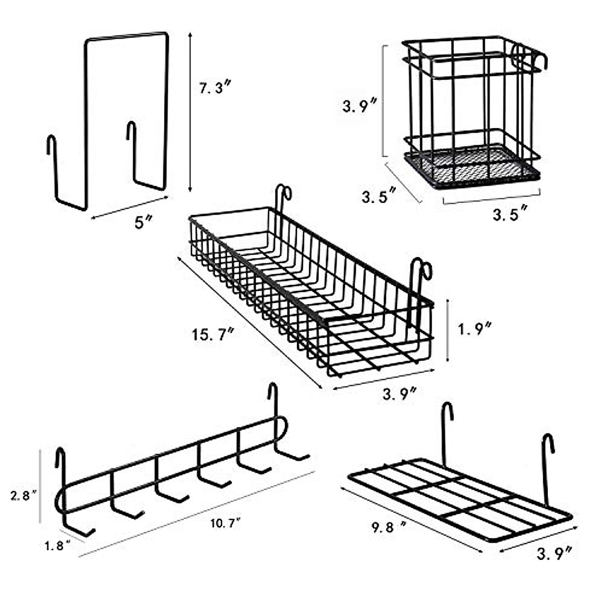 JOVONE Wall Grid Panel Basket,Display shelf,Pen Holder,Hooks Rack,Bookshelf,Wall Organizer For Home supplies,Set of 5 (Black)