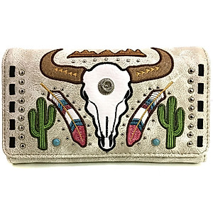 Zelris Design Native Longhorn Cow Skull Cactus Feather Color Crossbody Trifold Wallet (Turquoise)