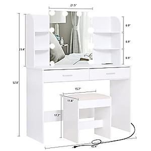usikey Large Vanity Set with Lighted Mirror & Charging Station, Makeup Vanity Tables with 2 Drawers, 6 Shelves, 10 Embedded Light Bulbs, Vanity Desk with Cushioned Stool for Bedroom, White