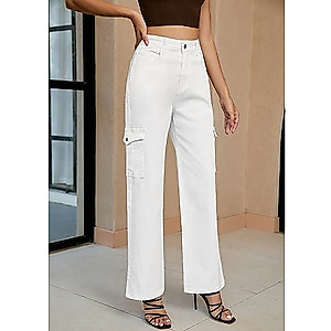 GRAPENT White High Waisted Wide Leg Pants - Stretch Jeans for Women - Off White, Size 12-14