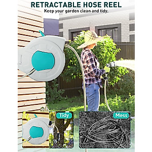 Rengue Retractable Garden Hose Reel, 1/2" x 100 ft Wall Mounted Hose Reel with 10 Pattern Nozzle, Automatic Slow Rewind, Any Length Lock, 180° Swivel Bracket, Ideal for Garden Watering