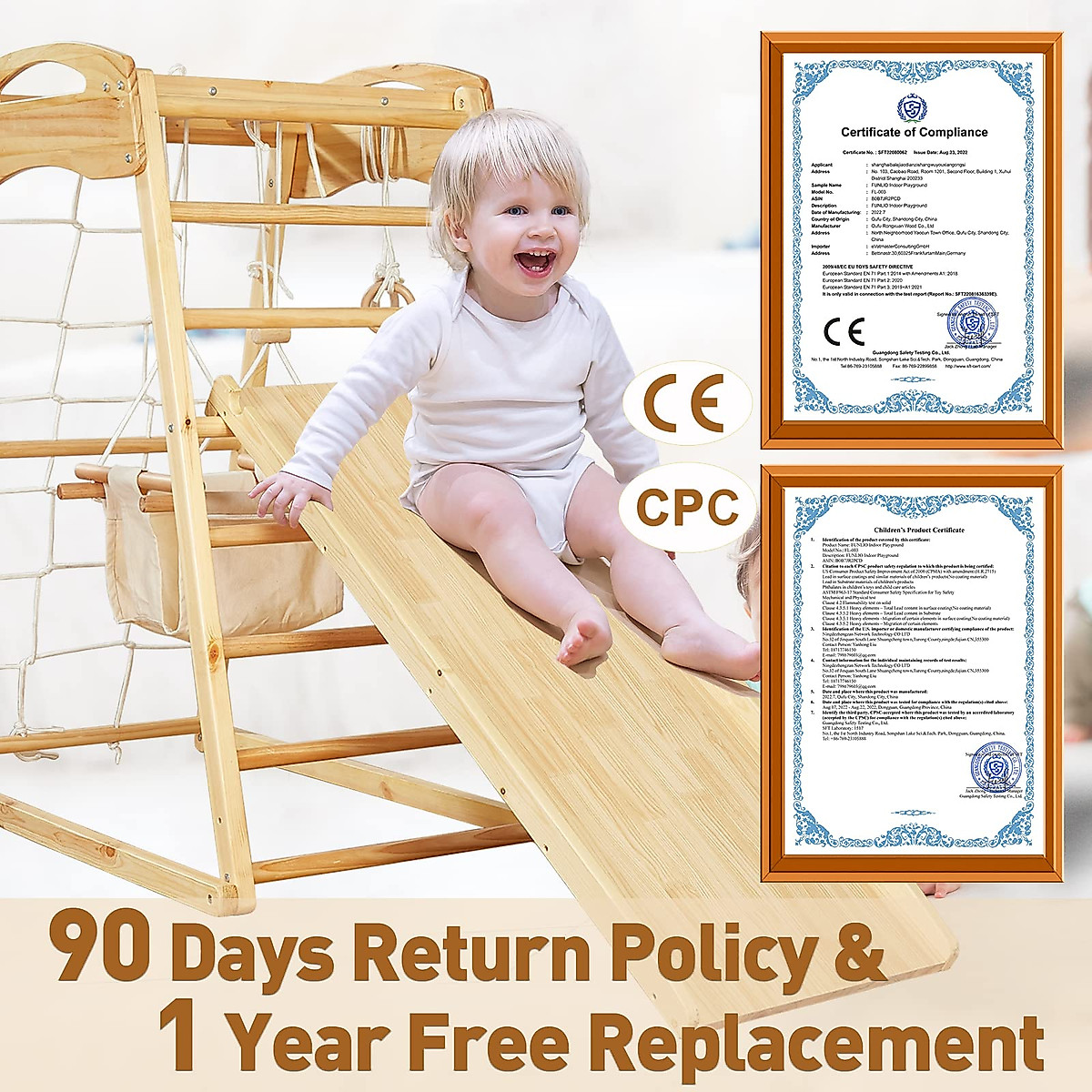 FUNLIO 7-in-1 Wood Indoor Playground for Toddlers 2-5, Montessori Climbing Toys with Solid Pine Wood, Indoor Jungle Gym for Kids with Swing/Slide/Climbing Rock/Net/Ladder/Monkey Bars/Gymnastic Rings