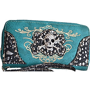 western rhinestone skull concho stitched handbag purse set (blue)