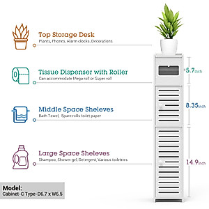 Bathroom Storage Cabinet for Small Space with Doors and Shelves, 4-Tiers Narrow Bathroom Cabinet,Waterproof Toilet Paper Storage Organizer with Toilet Paper Roller,Accommodate Mega Rolls(White 2Pack)