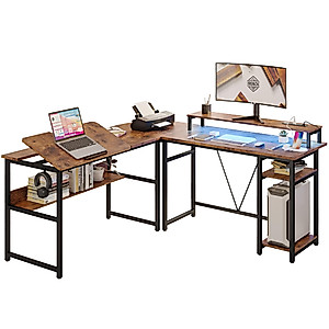 IRONCK L Shaped 70.8" Computer Corner Desk with LED and Power Outlets, 95" I-Shaped Two-Person Reversible Drafting Table with Storage Shelves & Monitor Stand for Home Office, Bedroom, Brown