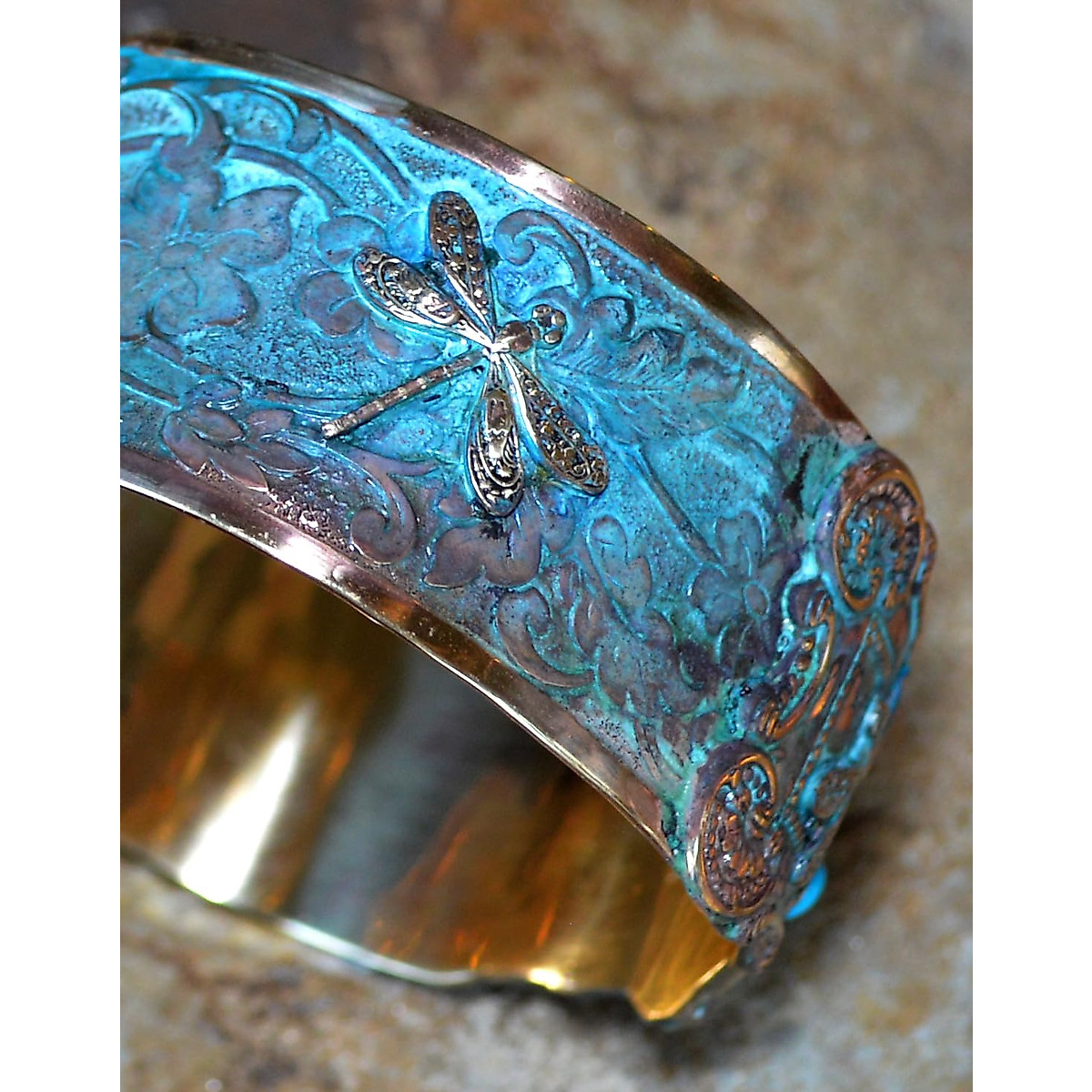 Elaine Coyne Wearable Art Patina Brass Dragonflies Cuff Bracelet - Turquoise