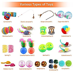 Oziral Cat Toys Set 32 PCS Kitten Toys Assortments Including 3 Way Tunnel Cat Feather Teaser Wand Sisal Mice Bell Balls Crinkle Balls Interactive Cat Toys for Indoor Cats Kitten