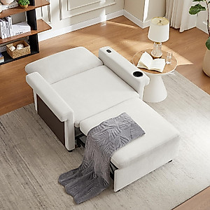 ONBRILL Convertible Sleeper Chair, 3-in-1 Pull Out Sofa Bed Couch with Adjustable Backrest, Chenille Sleeper Sofa Chair Bed with Hidden Table & 2 Charging Ports, White Small Couches for Living Room
