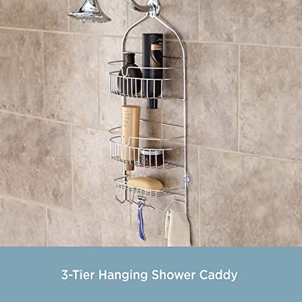 Kenney Rust-Resistant Heavy Duty 3-Tier Large Hanging Shower Caddy with Suction Cups and Four Razor Holders, Chrome