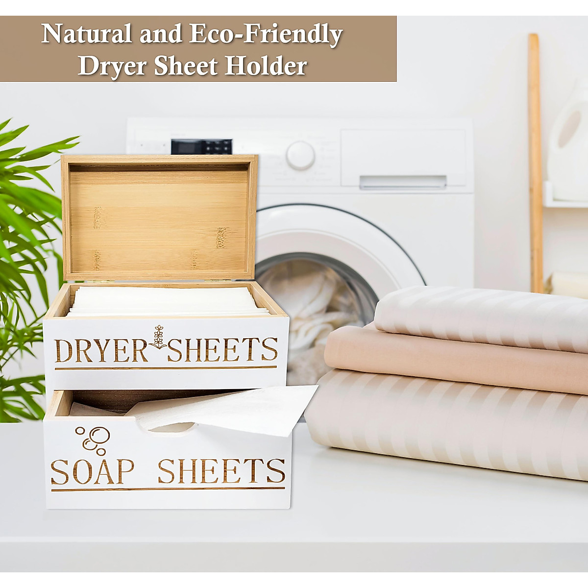 ALLNEY HOME Wood Box Dryer Sheet Holder and Detergent Dispenser drawer, Natural Wood and Sustainable Storage Box, Rustic White Farmhouse Finish, Large Capacity Laundry Room Organizer