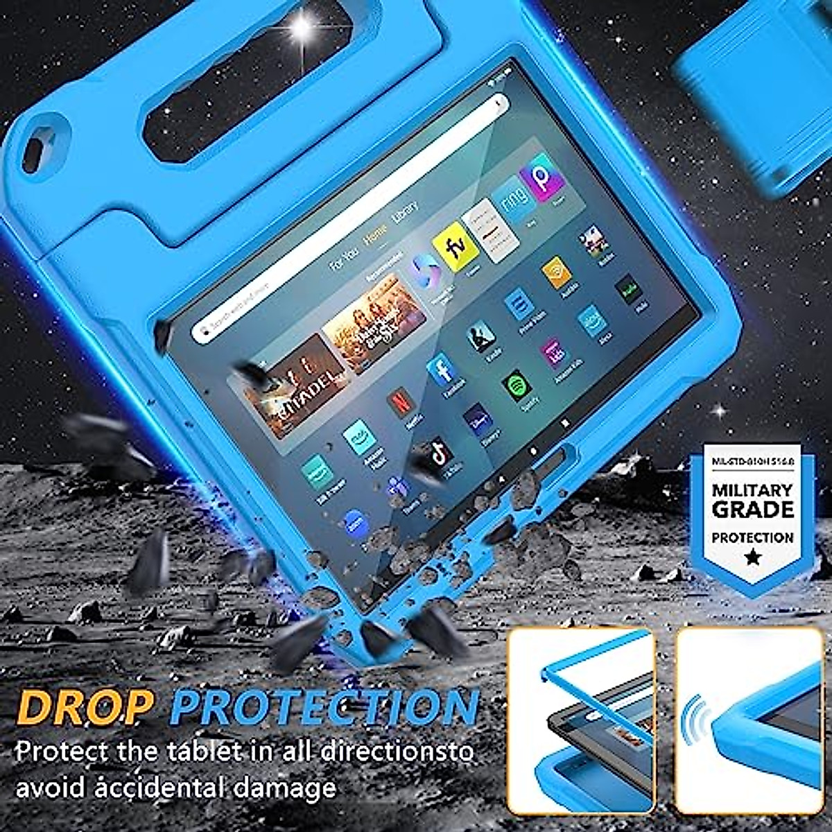 New Amazon Kindle Fire Max 11 Kids Tablet Case (13th Gen, 2023 Released), DJ&RPPQ Lightweight Shockproof Cover Built-in Screen Protector with Handle Stand for Kindle Fire Max 11 Tablet - Blue