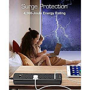 Power Strip, Witeem Surge Protector with 12-Outlet (1875W/15A, 4360Joules) and 4 USB Charging Ports (5V/6A, 30W), 6Ft Extension Cord, Wall Mountable Overload Protection Outlet for Home & Office, Black