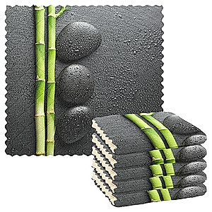 Black Zen Basalt Stones with Dew Green Bamboo on Dark 6 Set Kitchen Dish Towels, Washcloths Cleaning Cloths Dish Cloths, Absorbent Towels Lint Free Bar Tea Soft Waffle Towel 11"x11"