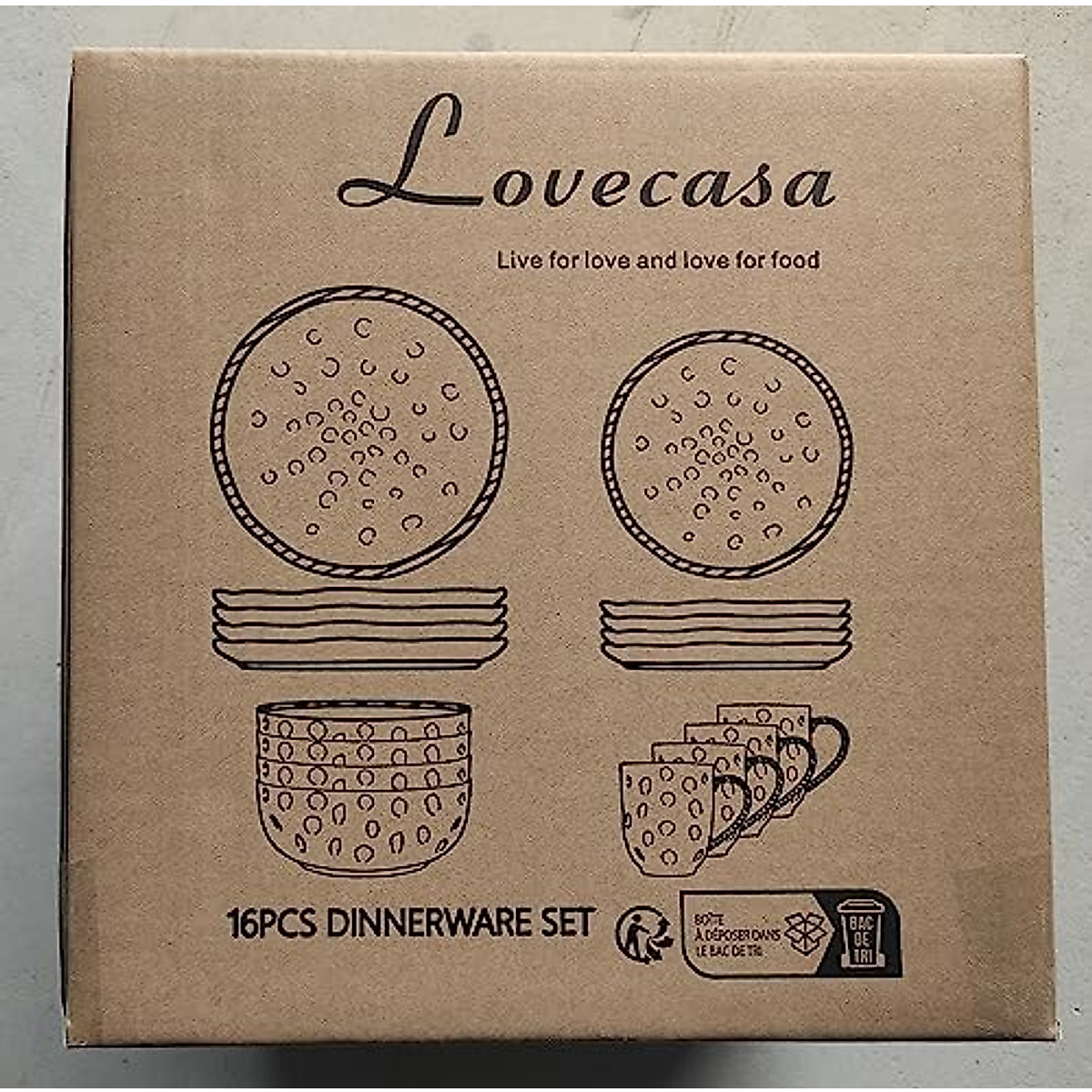 LOVECASA Stoneware Dish Set for 4, Handmade Plates and Bowls Sets, 16 PCS White and Gold Dinnerware Sets, Dishwasher Safe