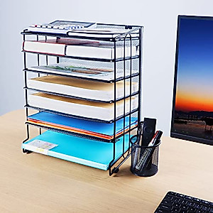 Univivi 7-Tier Tilted Metal Mesh File Paper Tray Letter Organizer, Tilted Trays Desktop File Organizer for Office and Home, Black