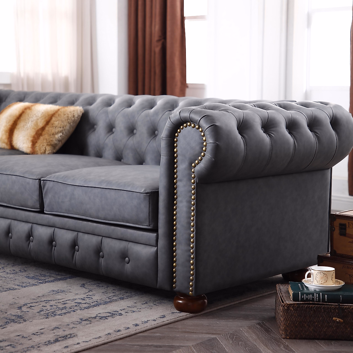 N NOORDENIYA Chesterfield Sofa, 89" Faux Leather Couch Upholstered Sofa with Low Back, Roll Arm Nailhead Trim Classic 3 Seater Sofa for Living Room, Home Furniture (Dark Gray)