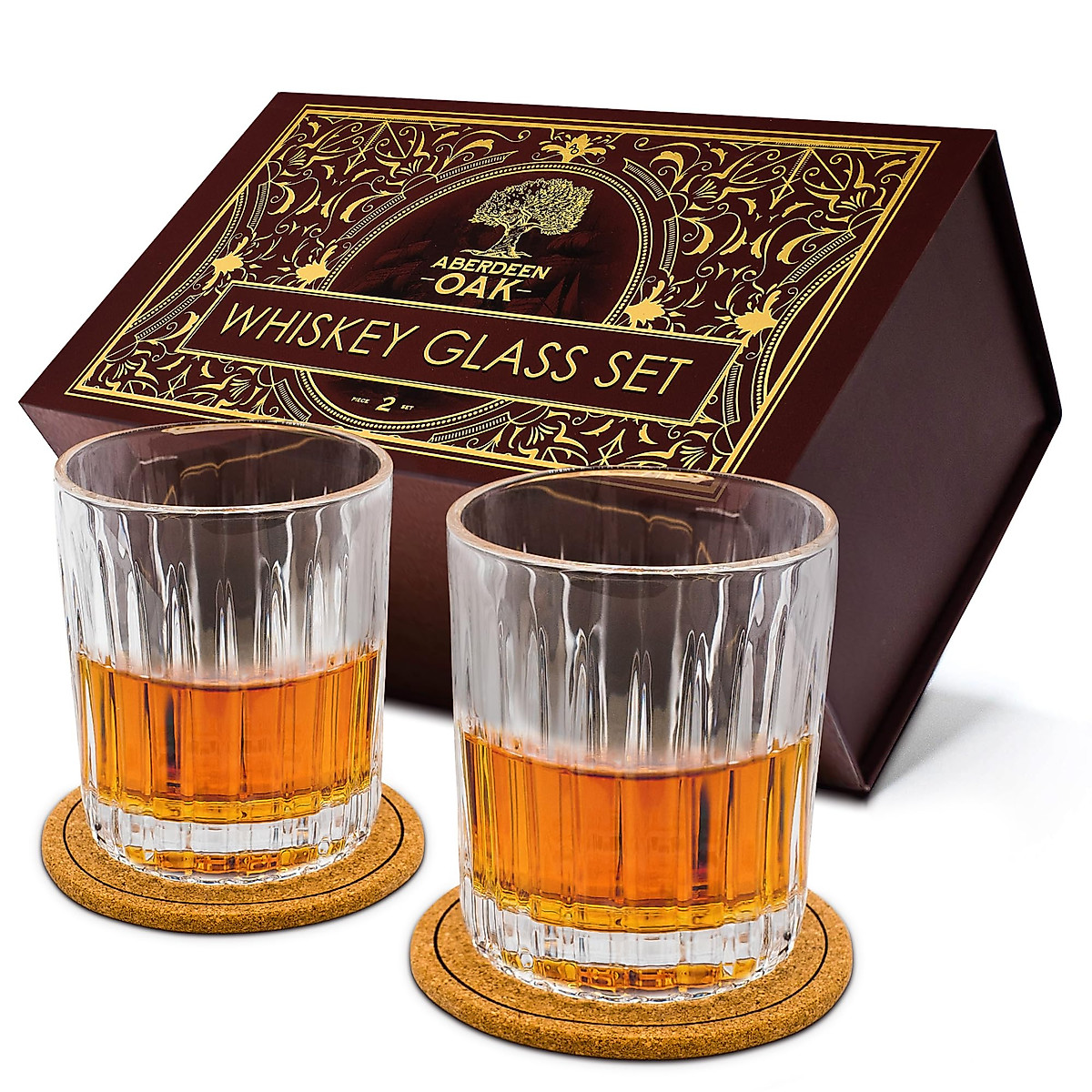 Aberdeen Oak Crystal Whiskey Glasses Set - Timeless Old Fashioned Liquor Glass with Coasters - Perfect for Bourbon & Cocktails, Ideal Gift for Men & Whisky Enthusiasts - 2 Piece Set