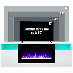 AMERLIFE TV Stand with Fireplace, LED Light Entertainment Center with 36" Electric Fireplace, 70" Modern Wood Entertainment Stand with Highlight Storage Cabinet for TVs up to 80", White & Black