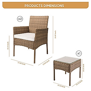 YIYAN 3 Pieces Patio Bistro Set Outdoor Wicker Furniture Outdoor Porch PE Rattan Wicker Chairs Furniture Sets with Sofa Chairs,Glass Coffee Table and White Washable Cushion
