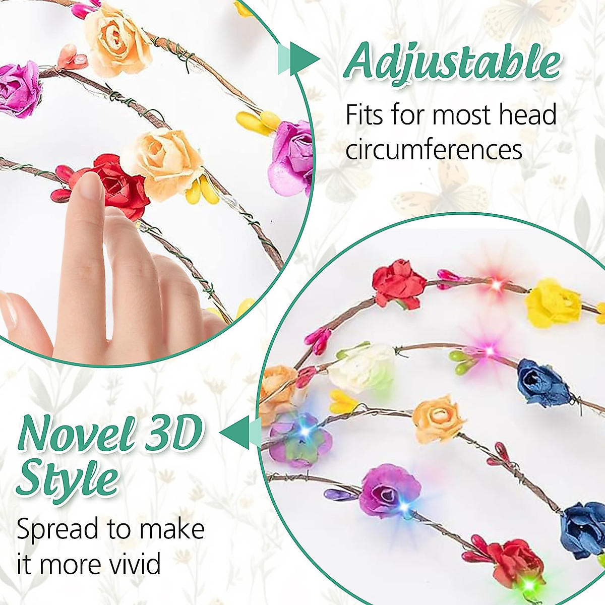 20 Pcs Halloween LED Flower Crowns Headbands - Light Up Headband for Women, Garlands Glowing Floral Wreath Crowns for Wedding Beach Party Birthday Cosplay