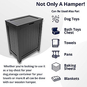 Wooden Hamper For Laundry with Lid, Contemporary Storage Bin Basket, Dark Cabinet Organizer for Bathroom, Guest Room, Bedroom with Modern Design and Durable Wood Construction (Black)