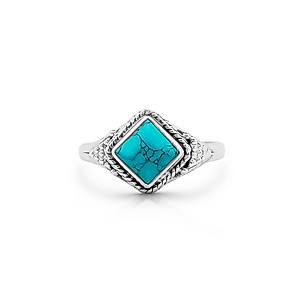 Koral Jewelry Synthetic Turquoise Vintage Gipsy Small Ring 925 Sterling Silver Square Stone Boho Chic US Size 5 6 7 8 9 (9)