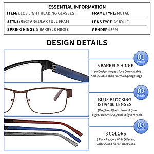 CRGATV 3-Pack Reading Glasses for Men Blue Light Blocking Metal Full Frame Computer Readers Anti UV/Eye Strain/Glare (+1.75 Magnification Strength)