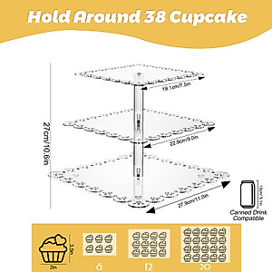 PinCute Acrylic Cupcake Stand, 3 Tier Cupcake Tower Holder with LED String Light, Dessert Table Display Cake Stand for Birthday Candy Bar Weddings Party Décor, Yellow Light