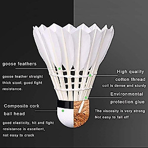 Portzon 12-Pack Goose Feather Badminton Shuttlecocks with Great Stability and Durability, High Speed Badminton Birdies Balls, Upgrade