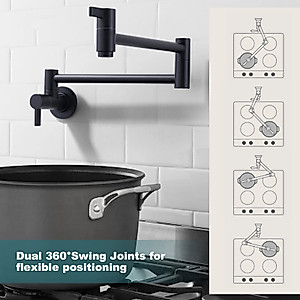 Pot Filler Faucet Matte Black, ARCORA Modern Pot Filler Wall Mount Folding Faucet 2 Handle with Double Joint Swing Arms Brass Stove Faucet