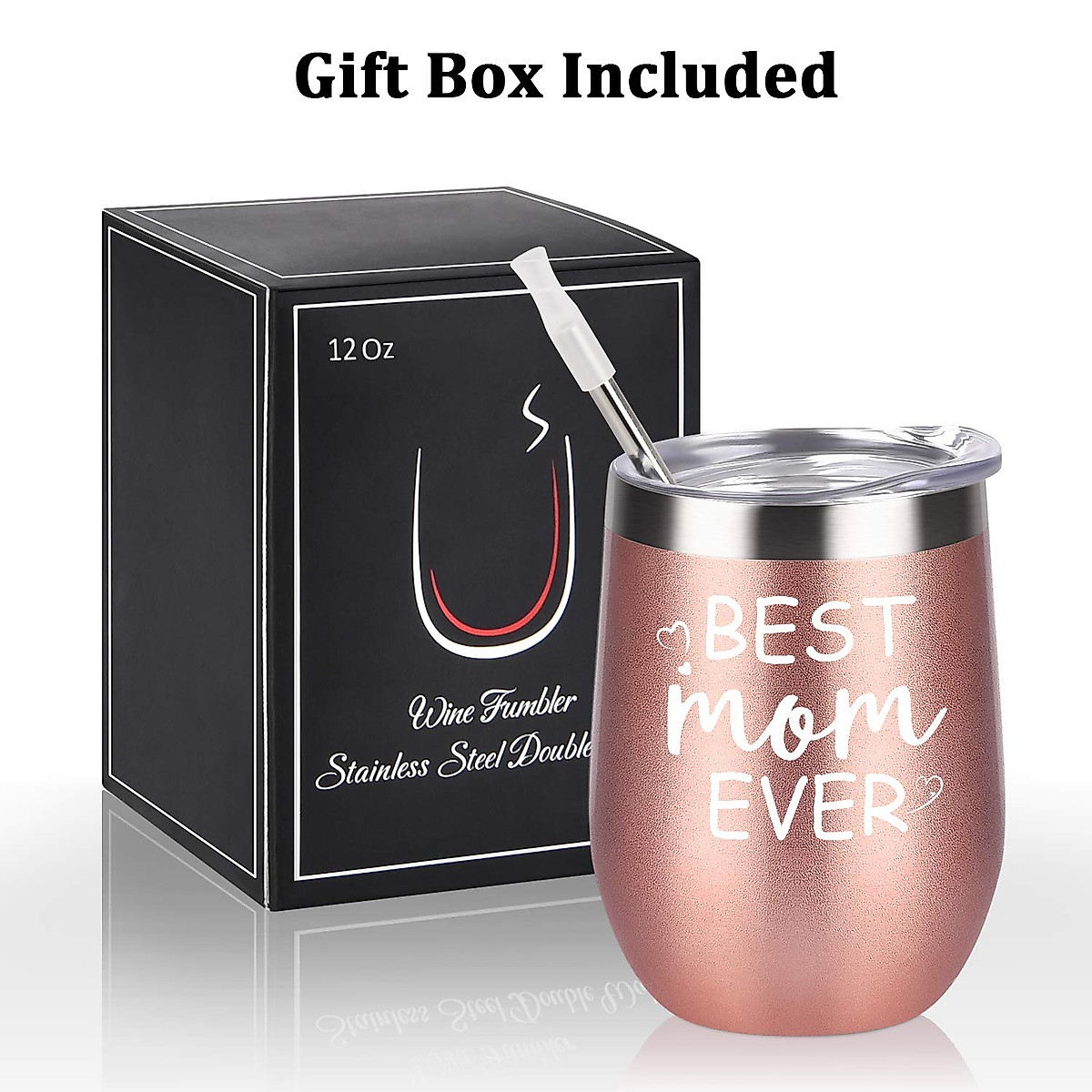 GINGPROUS Best Mom Ever Wine Tumbler with Lid and Straw, Mother's Day Birthday Gifts for Mom Mommy Mother, Stainless Steel Insulated Mom Wine Tumbler with Saying for Women (12 Oz, Rose Gold)