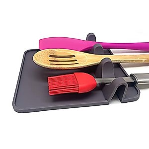Silicone Utensil Rest by Kasian House - Extra Large Kitchen Spoon Rest with Drip Pad, Utensils Holder for Spoons, Spatulas, Ladles, Tongs & BBQ, BPA-Free, Heat-Resistant & Dishwasher Safe (Grey)