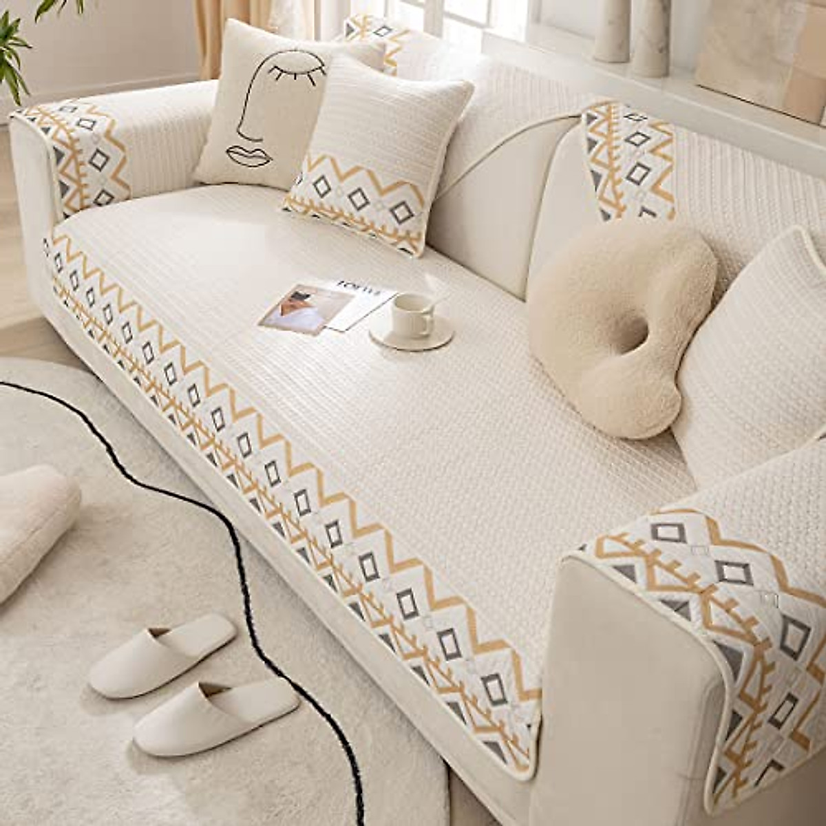 vctops Boho Geometric Embroidery Sofa Couch Cover Cotton Love Heart Quilted Sectional Couch Covers Non-Slip Washable Sofa Slipcover for Dogs, Children, Pets Furniture Protector (Cream,36"x63")