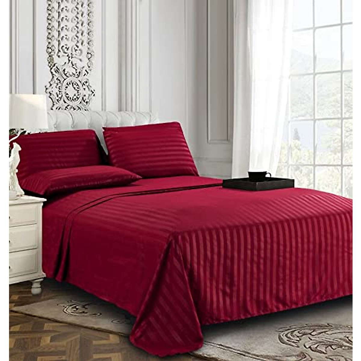 Elegant Comfort Best, Softest, Coziest 6-Piece Sheet Sets! - 1500 Thread Count Egyptian Quality Luxurious Wrinkle Resistant 6-Piece Damask Stripe Bed Sheet Set, California King Burgundy