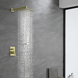 SHAMANDA Brass Rainfall Shower System, Luxuly Bathroom Shower Faucet Combo Set Brushed Gold(Including Rough-In Valve Body and Trim), L70001-3
