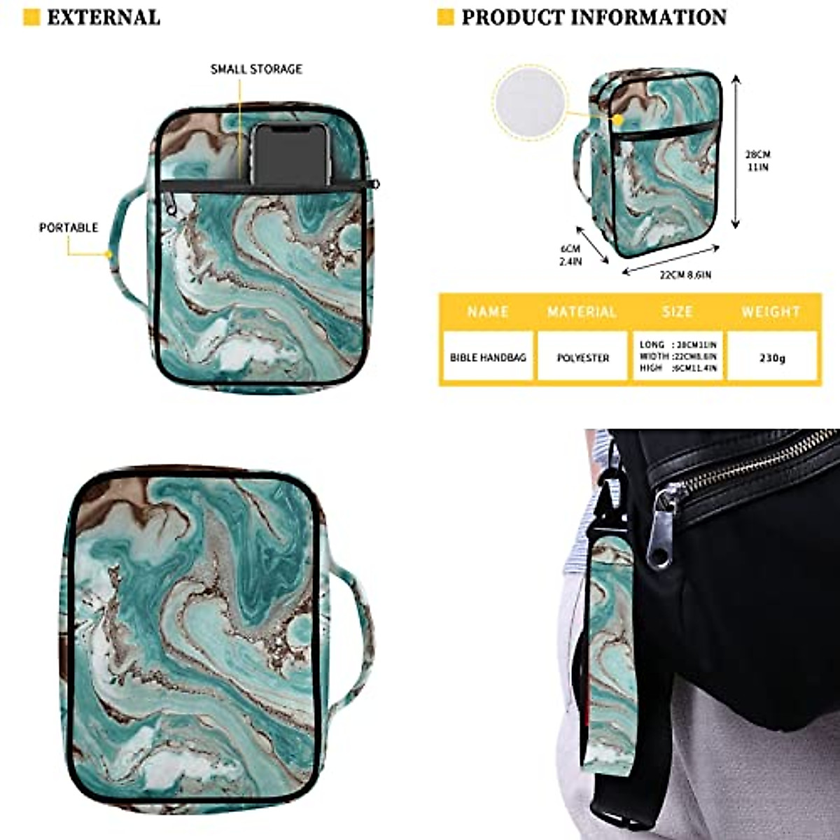 FUSURIRE Teal Marble Pattern Bible Cover with Keychain 2 PCS Bible Case and Wrist Lanyard Key Chain Large Bible Bag Carrying Book Case Bible Tote Bag with Zipper Pocket for Bible Study
