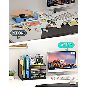 VIVSOL Desk Organizer with Mesh File Holder, 4-Tier Office Supplies Desk Organizers and Accessories with Sliding Drawers, 3 Trays & Pen Holder, Desk File Organizer and Storage for Office, School, Home