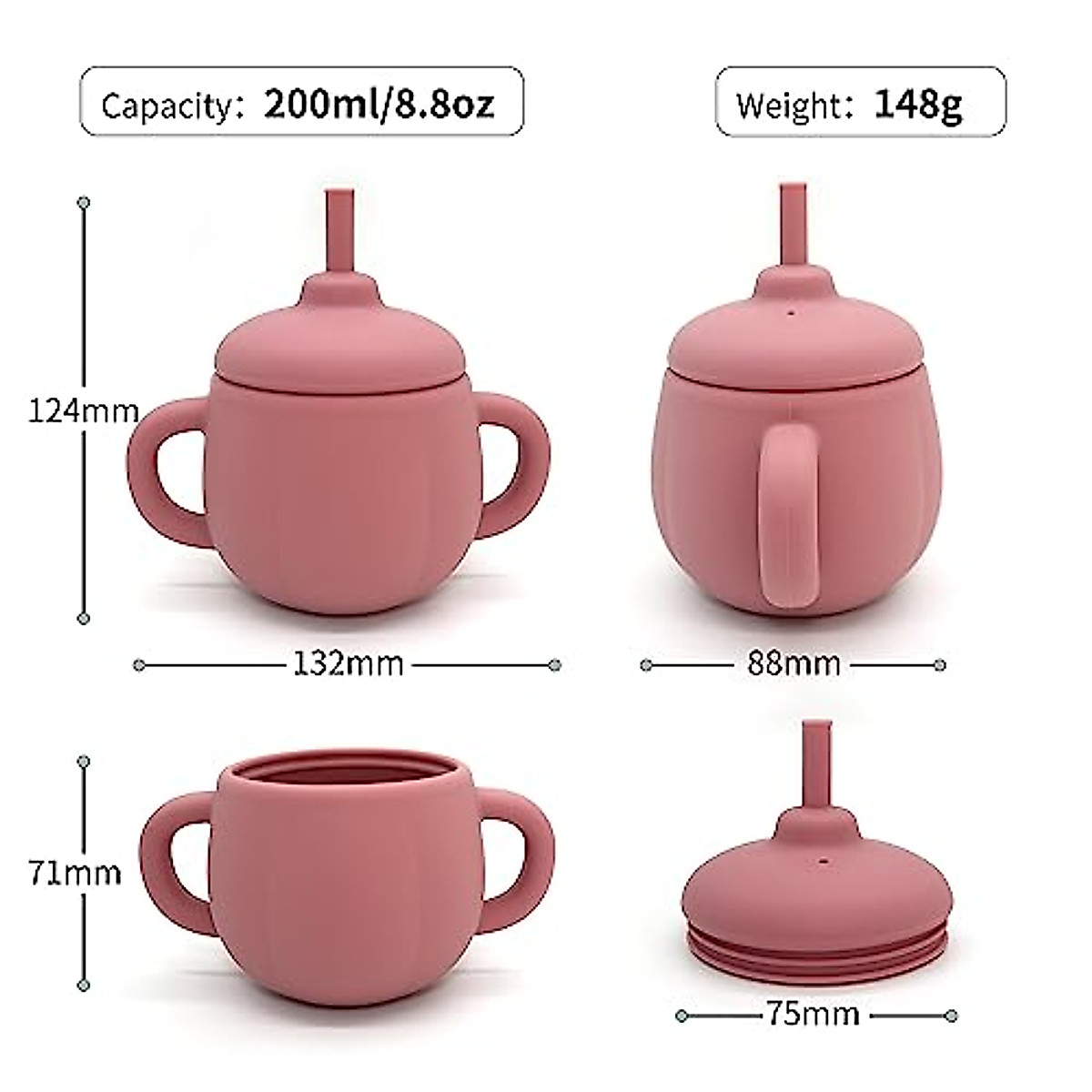 Santi & Me 2-1 Silicone Straw Cup for Baby, Spill-proof Sippy Cup for Babies 6-12-18 Month, Open Training Water Cups with Easy-Hold Handle, Baby Led Weaning Cups - BPA Free - 8.8oz (Dark pink)