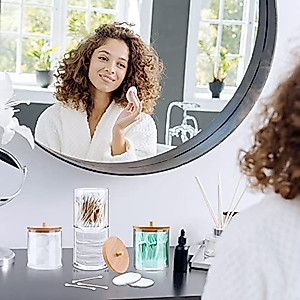 TCJJ 4 Pcs, 10 OZ Qtip Holder and Cotton Round Holder Set Apothecary Jars with Bamboo Lids, CLear Plastic Cotton Ball Pad Swab Holder for Bathroom Accessories Storage Organization