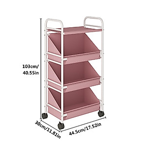 Buzowruil Utility Rolling Fabric Storage Rack Trolley Toy Rack Storage Cart Trolley with 3 Large Storage Boxes，Wheels, Suitable for Bedroom, Living Room, Entryway, Pink
