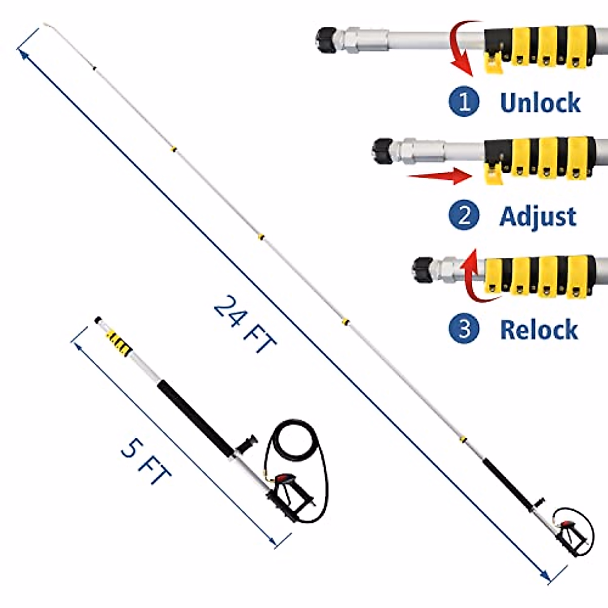 janz 24 FT Telescoping Pressure Washer Wand with 2 Pressure Washer Extension Wands,Gutter Cleaner Attachment, 7 Spray Nozzle Tips, 2 Hose Inlet Adapters, Pivoting Coupler and Support Harness