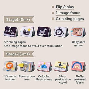 Taf Toys Savannah Infant Tummy-time Soft Crinkle Activity Book with Huge Baby Safe Mirror, 3D Activities, Textures and a Soft Baby Teether
