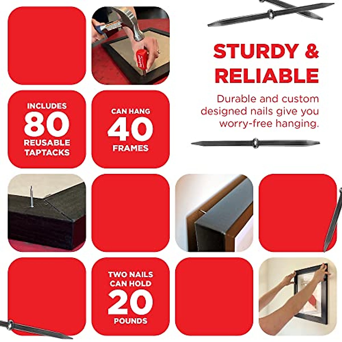 TapHanger Picture Frame Hanging Kit for Drywall - Easy To Use Picture Hanging Tool to Quickly Hang Wooden Frames & Canvases in Less Than A Minute -Includes 80 Reusable TapTacks & Holds Up to 20 Pounds