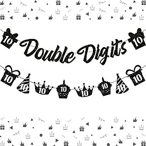10th Birthday Decorations for Boys Double Digits Birthday Banner Black Glitter 10 Year Old Birthday Sign Ten Years Old Banner Garland