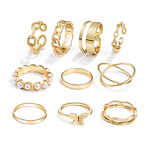 10Pcs Gold Dome Chunky Rings Set for Women Girls,18K Gold Plated Braided Twisted Round Signet Link Rings Adjustable Open Ring Band Statement Jewelry