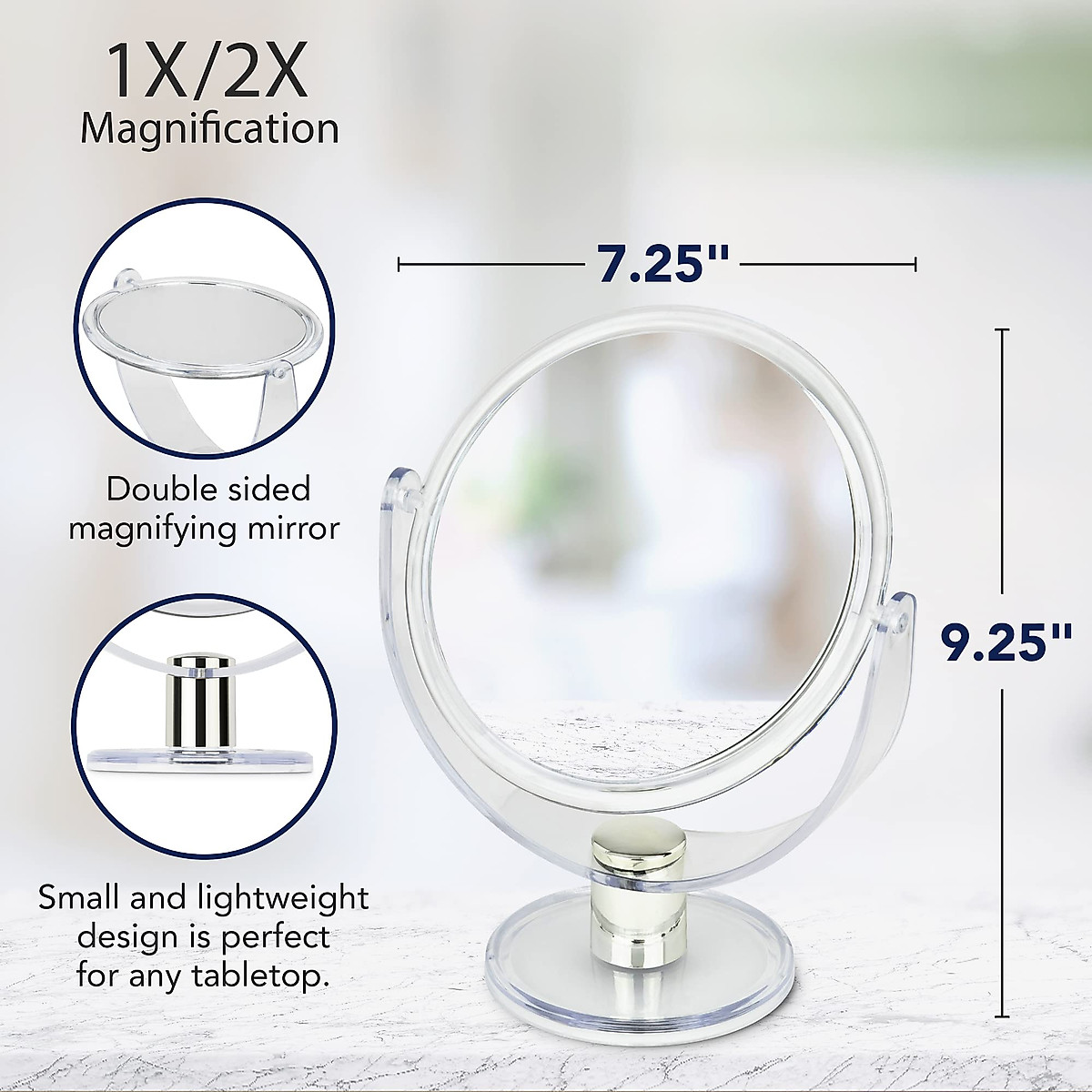 DecorRack 2 Sided Magnifying Mirror, 1x/2x Magnification, 6 Inch Makeup Mirror, Tabletop Vanity Mirror, Transparent
