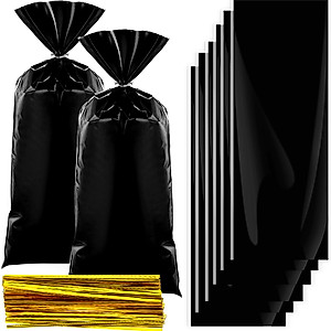 Clabby 100 Pieces Cellophane Bags Plastic Candy Bags Goodie Bags with Twist Ties Treat Bags Gift Bags for Gift Cookie Snack Packing Party Favor Supplies (Black)